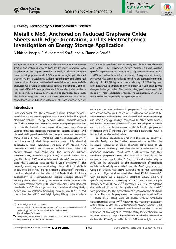 (PDF) Metallic MoS 2 Anchored on Reduced Graphene Oxide Sheets with ...