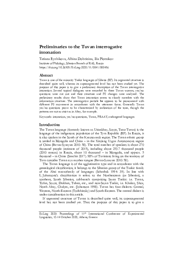(PDF) Preliminaries to the Tuvan interrogative intonation