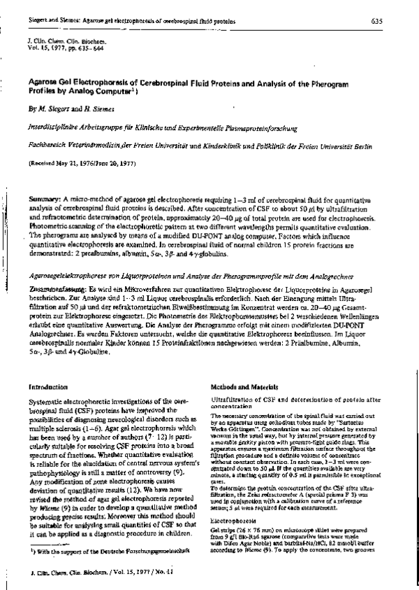 (PDF) Agarose Gel Electrophoresis of Cerebrospinal Fluid Proteins and ...