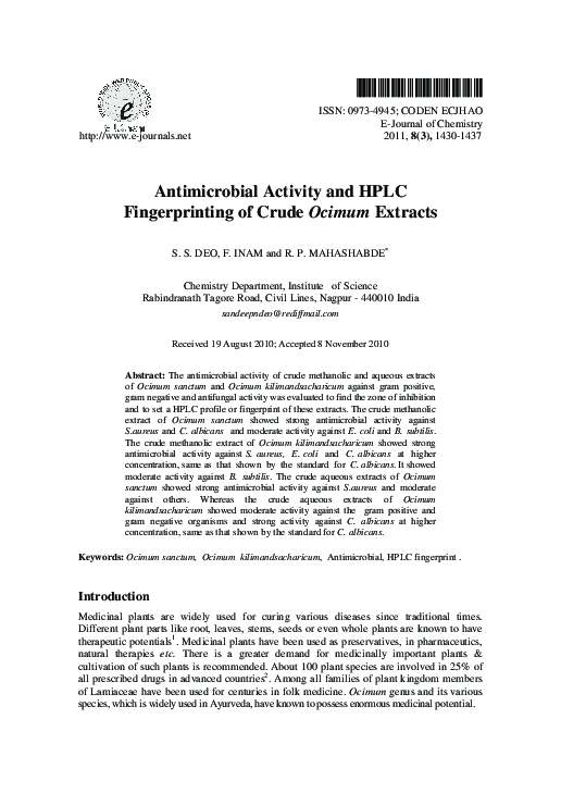 (PDF) Antimicrobial Activity and HPLC Fingerprinting of CrudeOcimumExtracts