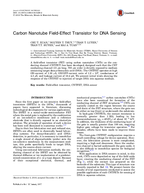 Pdf Carbon Nanotube Field Effect Transistor For Dna Sensing