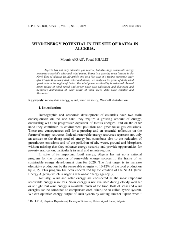 (PDF) Wind energy potential in the site of Batna in Algeria