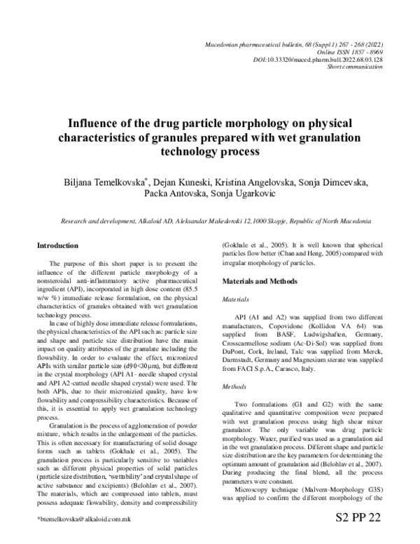 Influence of the drug particle morphology on physical characteristics ...