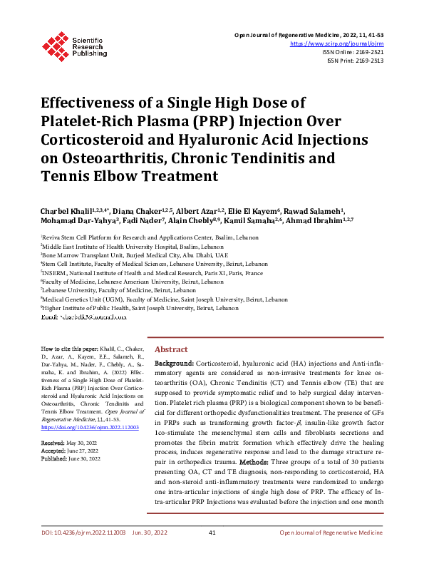 (PDF) Effectiveness of a Single High Dose of Platelet-Rich Plasma (PRP ...