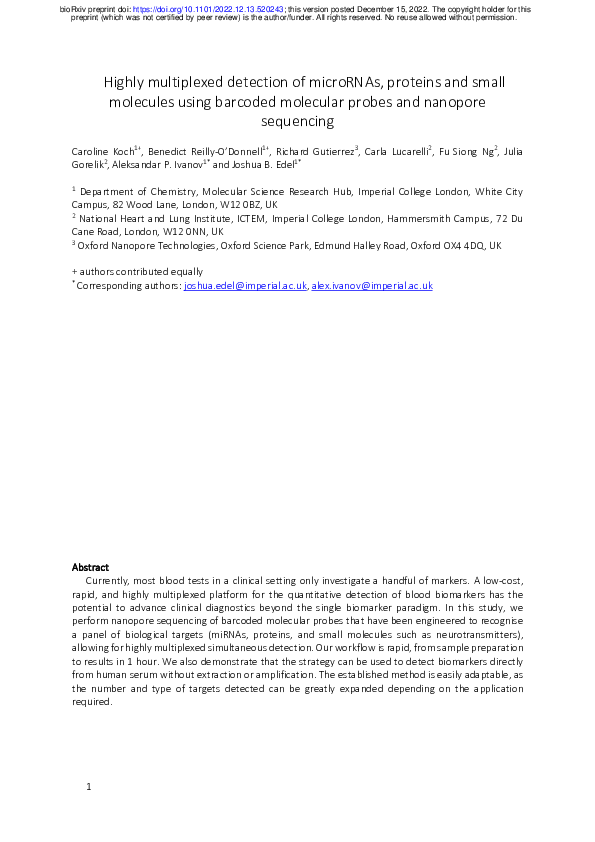 Pdf Highly Multiplexed Detection Of Micrornas Proteins And Small Molecules Using Barcoded