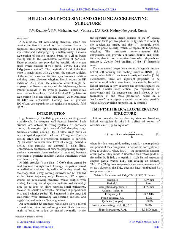 (PDF) Helical Self Focusing and Cooling Accelerating Structure
