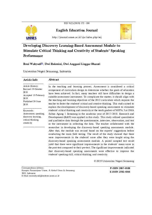 (PDF) Developing Discovery Learning-Based Assessment Module to Stimulate Critical Thinking and ...