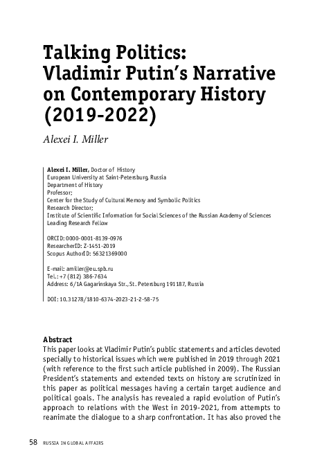 (PDF) Talking Politics: Vladimir Putin's Narrative on Contemporary ...