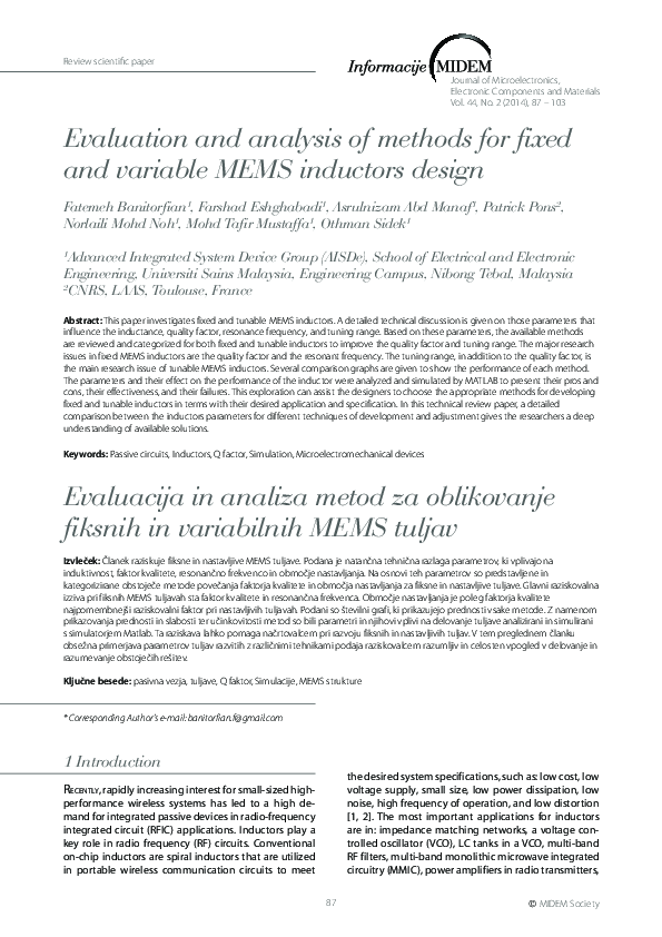 Pdf Evaluation And Analysis Of Methods For Fixed And Variable Mems Inductors Design