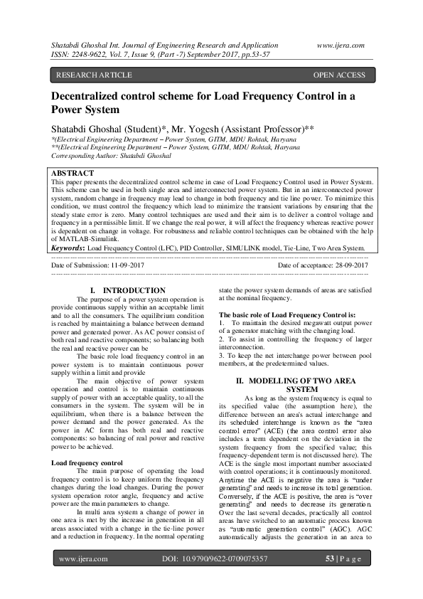 Pdf Decentralized Control Scheme For Load Frequency Control In A Power System