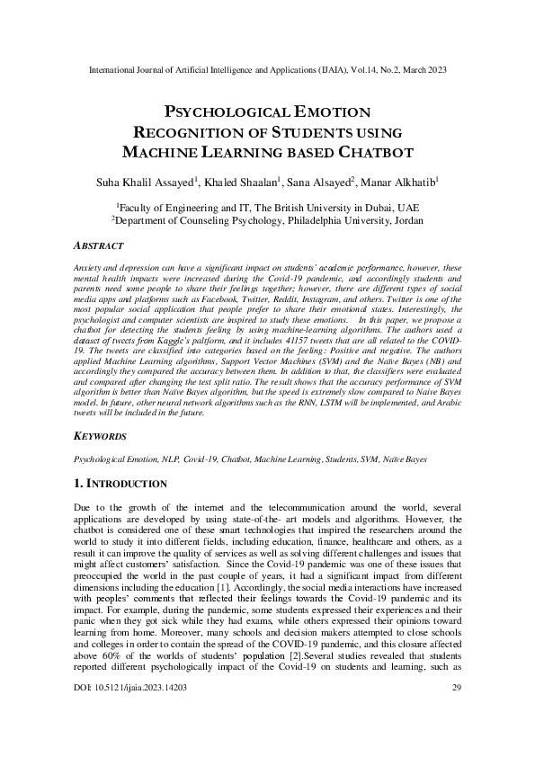 (PDF) PSYCHOLOGICAL EMOTION RECOGNITION OF STUDENTS USING MACHINE LEARNING BASED CHATBOT