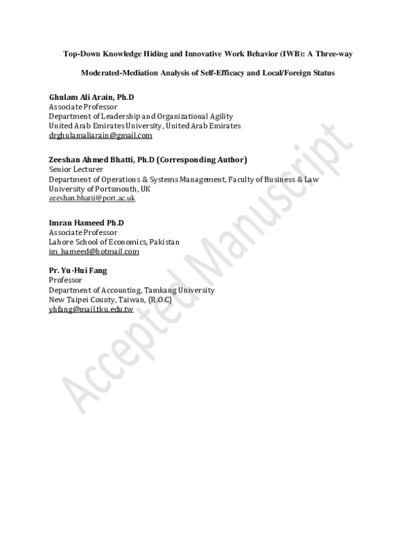 (PDF) Top-down knowledge hiding and innovative work behavior (IWB): a three-way moderated ...