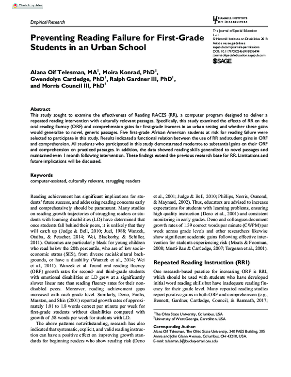 (PDF) Preventing Reading Failure for First-Grade Students in an Urban ...