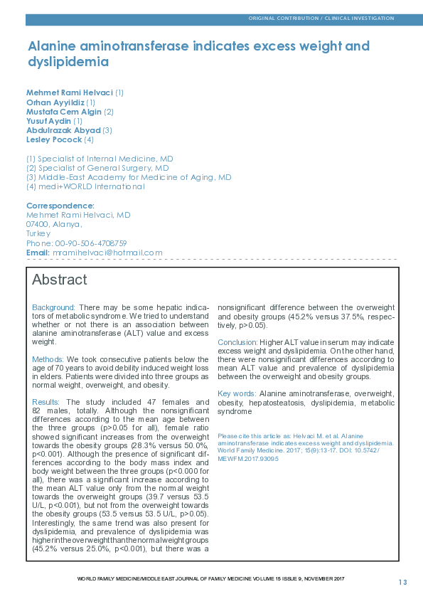 (PDF) Alanine Aminotransferase Indicates Excess Weight and Dyslipidemia