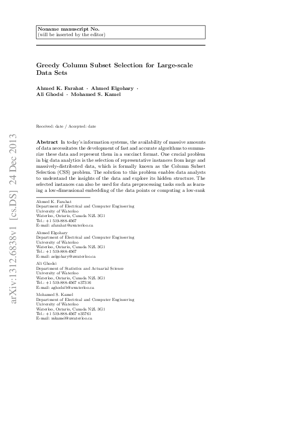 (PDF) Greedy column subset selection for large-scale data sets