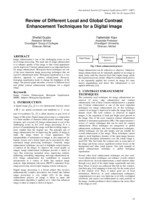 (PDF) Review of Different Local and Global Contrast Enhancement Techniques for a Digital Image