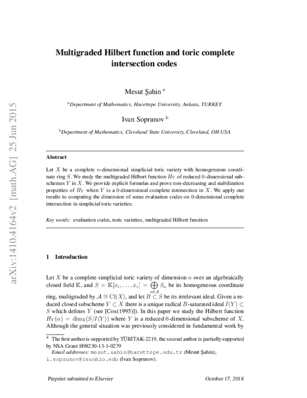 (PDF) Multigraded Hilbert Functions in Toric Varieties and Codes
