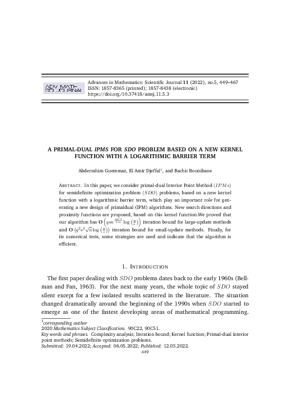 (PDF) A Primal-Dual Ipms for Sdo Problem Based on a New Kernel Function with a Logarithmic ...