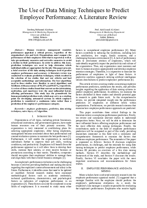 (PDF) The Use of Data Mining Techniques to Predict Employee Performance: A Literature Review