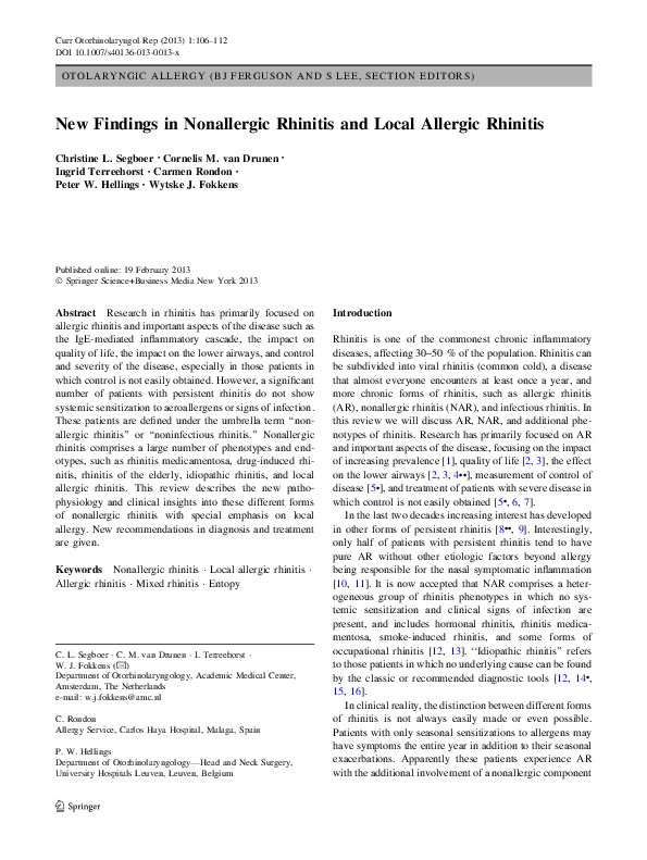 (PDF) New Findings in Nonallergic Rhinitis and Local Allergic Rhinitis