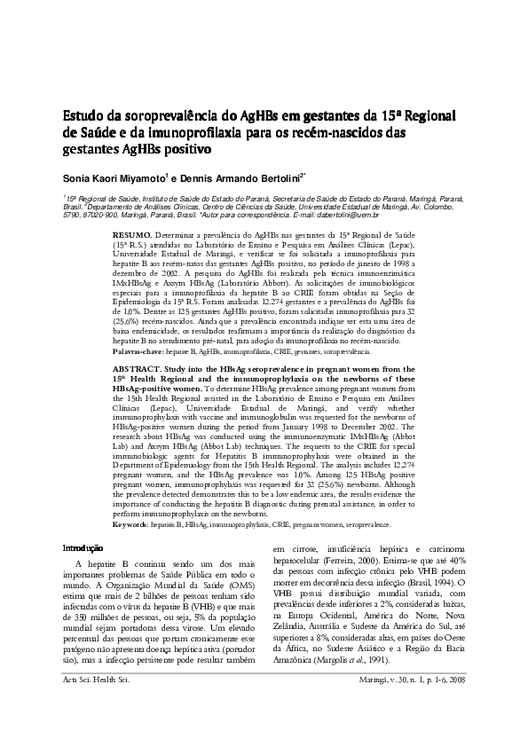 (PDF) Estudo da soroprevalência do AgHBs em gestantes da 15 ª Regional ...