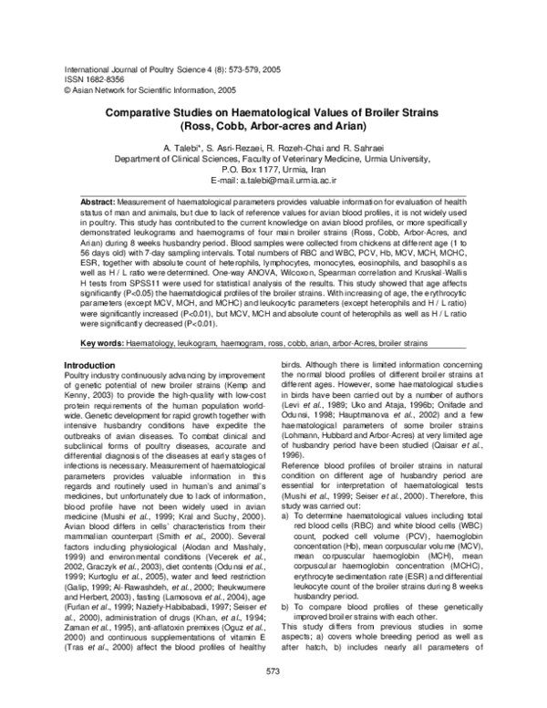 (PDF) Comparative Studies on Haematological Values of Broiler Strains ...