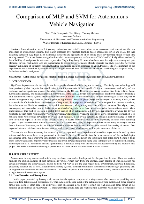 (PDF) Comparison of MLP and SVM for Autonomous Vehicle Navigation