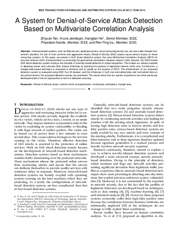 Pdf A System For Denial Of Service Attack Detection Based On Multivariate Correlation Analysis
