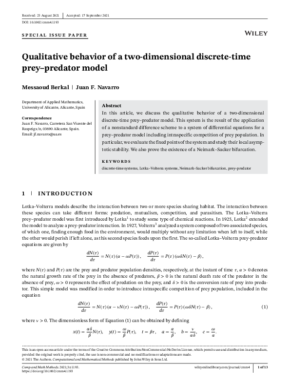 (PDF) Qualitative behavior of a two‐dimensional discrete‐time prey–predator model | messaoud ...