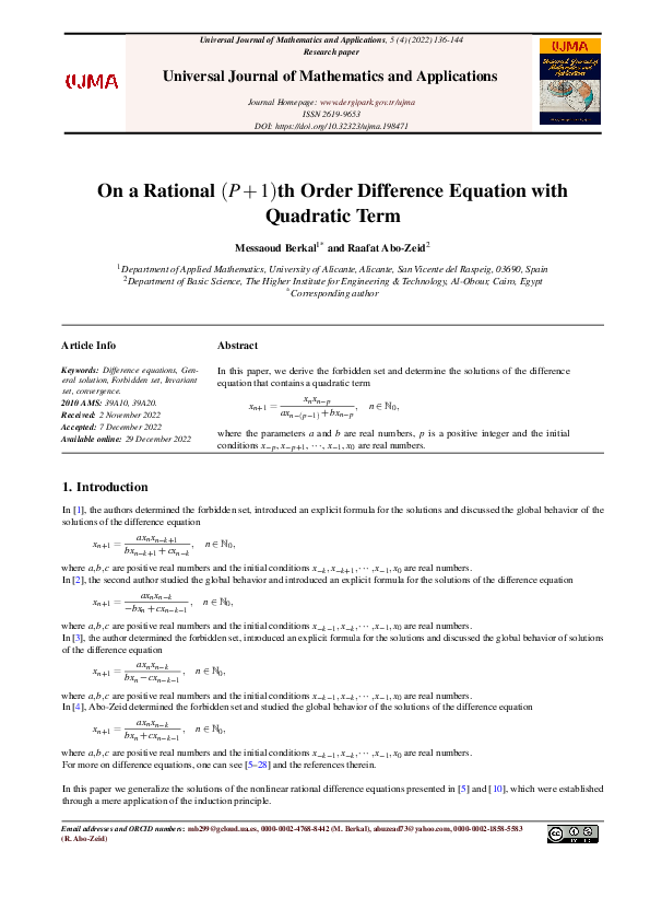 (PDF) On a Rational $(P+1)$th Order Difference Equation with Quadratic Term
