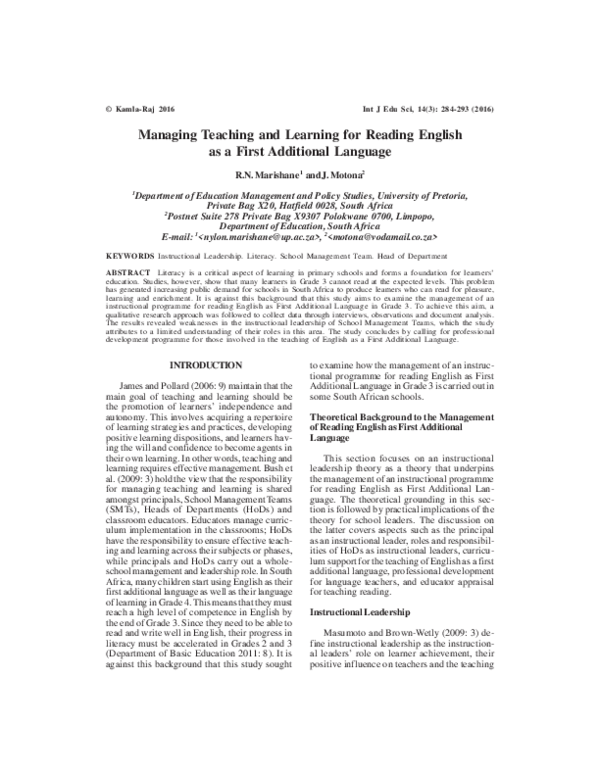 (PDF) Managing Teaching and Learning for Reading English as a First ...