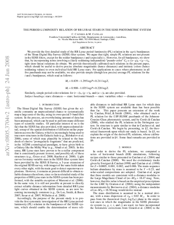 (PDF) The Period‐Luminosity Relation of RR Lyrae Stars in the SDSS ...