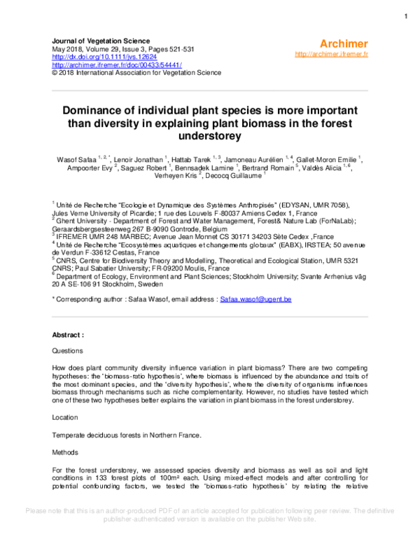 (PDF) Dominance of individual plant species is more important than ...