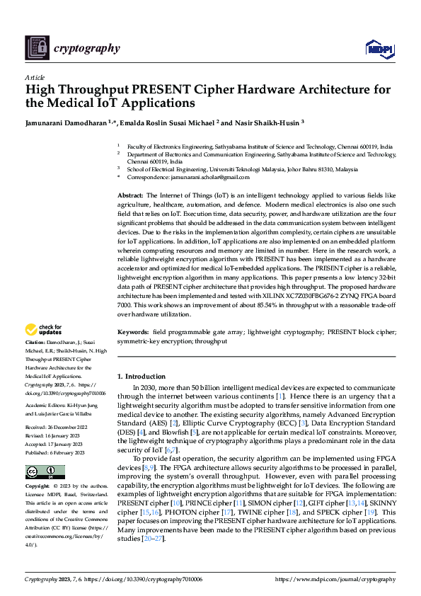 (PDF) High Throughput PRESENT Cipher Hardware Architecture for the Medical IoT Applications