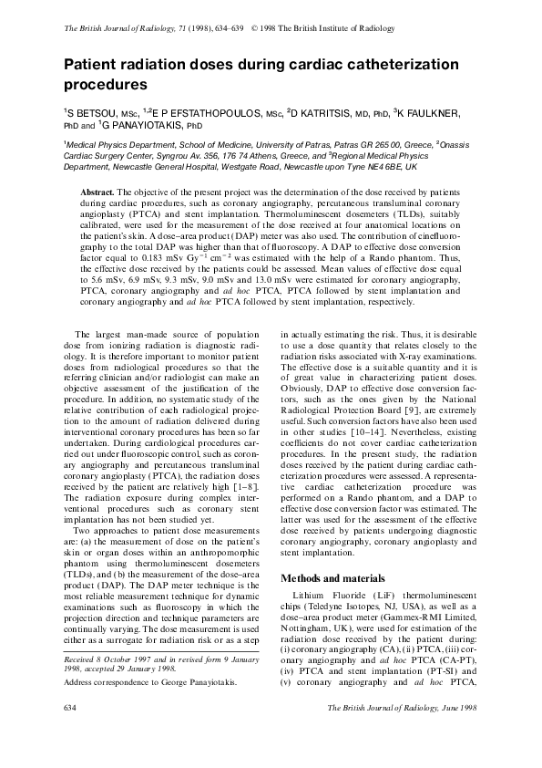 (PDF) Patient radiation doses during cardiac catheterization procedures