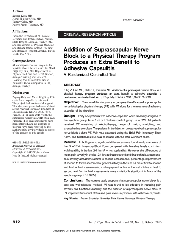 (PDF) Addition of Suprascapular Nerve Block to a Physical Therapy ...