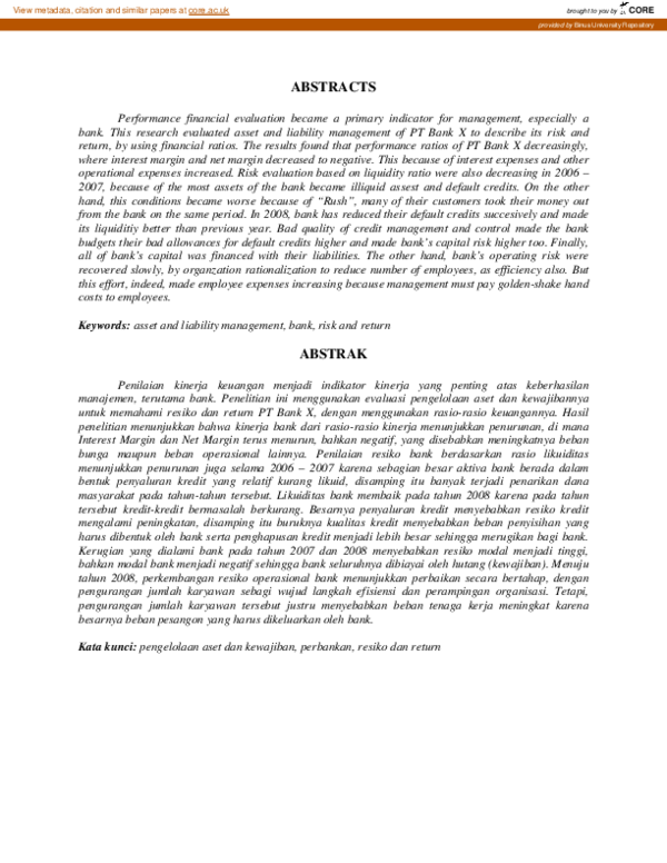 (PDF) Penilaian Kinerja PT Bank X dalam Mengelola Asset dan Kewajiban ...