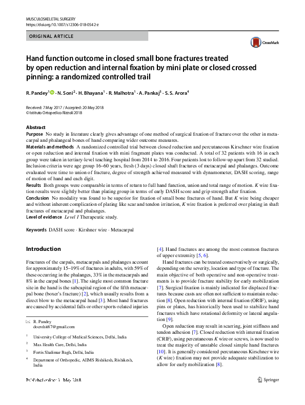 Pdf Hand Function Outcome In Closed Small Bone Fractures Treated By Open Reduction And