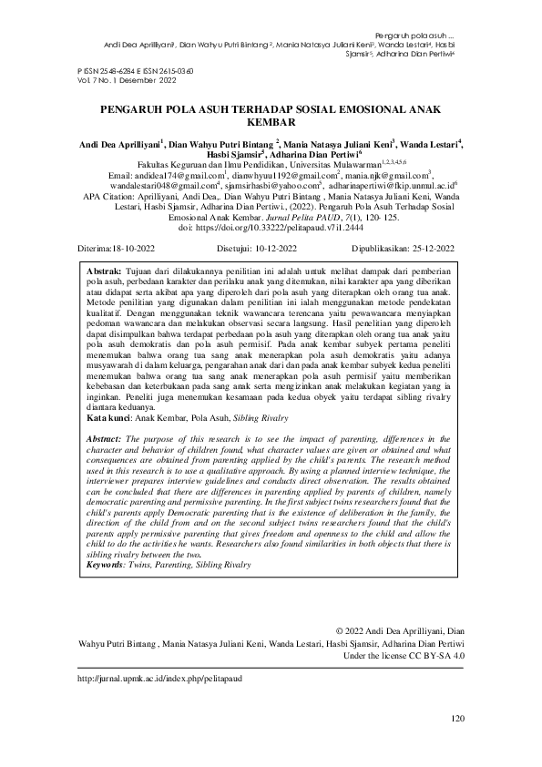 (PDF) Pengaruh Pola Asuh Terhadap Sosial Emosional Anak Kembar