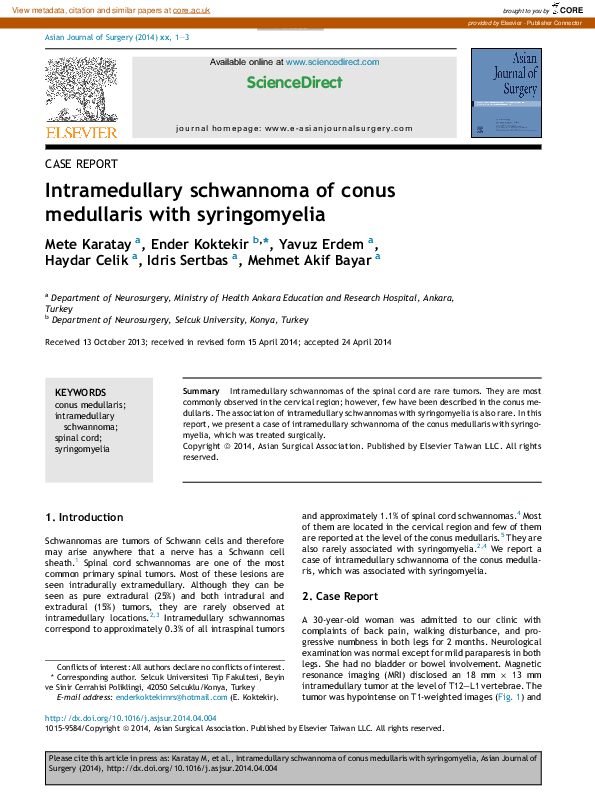 (PDF) Intramedullary schwannoma of conus medullaris with syringomyelia