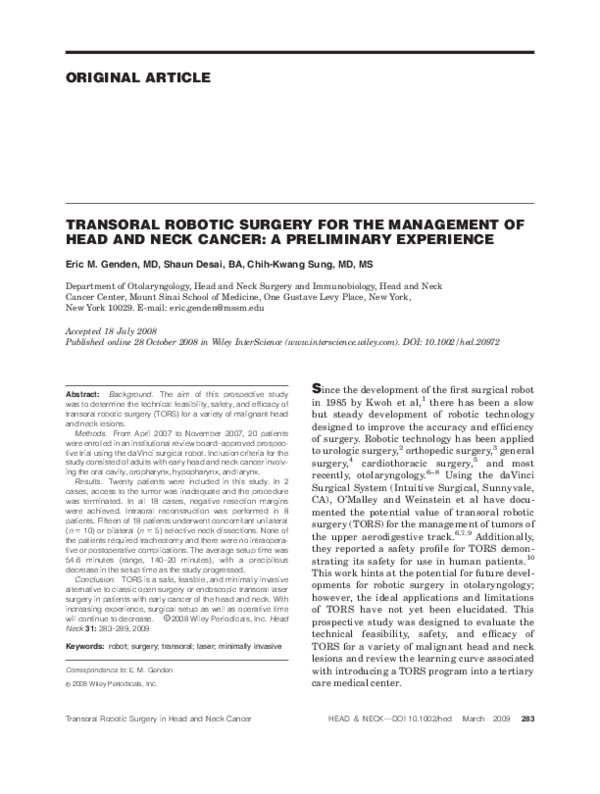 (PDF) Transoral robotic surgery for the management of head and neck tumors: learning curve