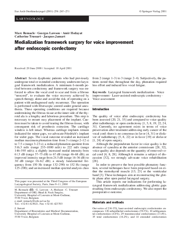 (PDF) Medialization framework surgery for voice improvement after ...