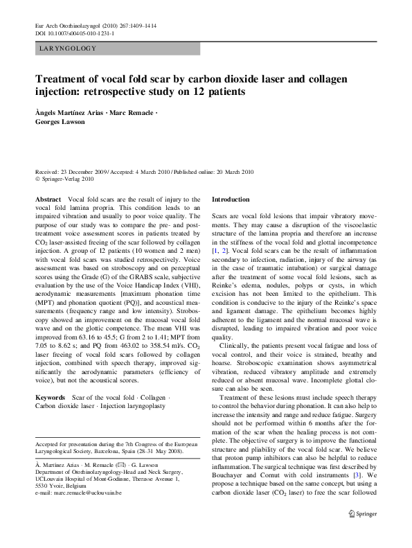 (PDF) Treatment of vocal fold scar by carbon dioxide laser and collagen ...