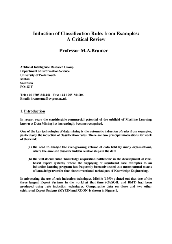 Pdf Induction Of Classification Rules From Examples A Critical Review Max Bramer