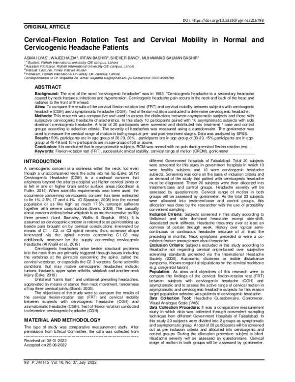 Pdf Cervical Flexion Rotation Test And Cervical Mobility In Normal And Cervicogenic Headache