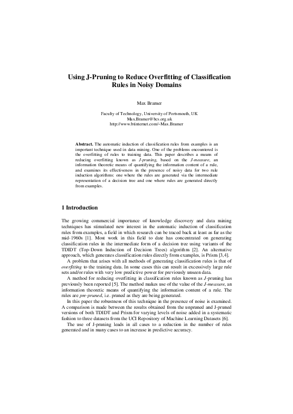 (PDF) Using J-Pruning to Reduce Overfitting of Classification Rules in Noisy Domains