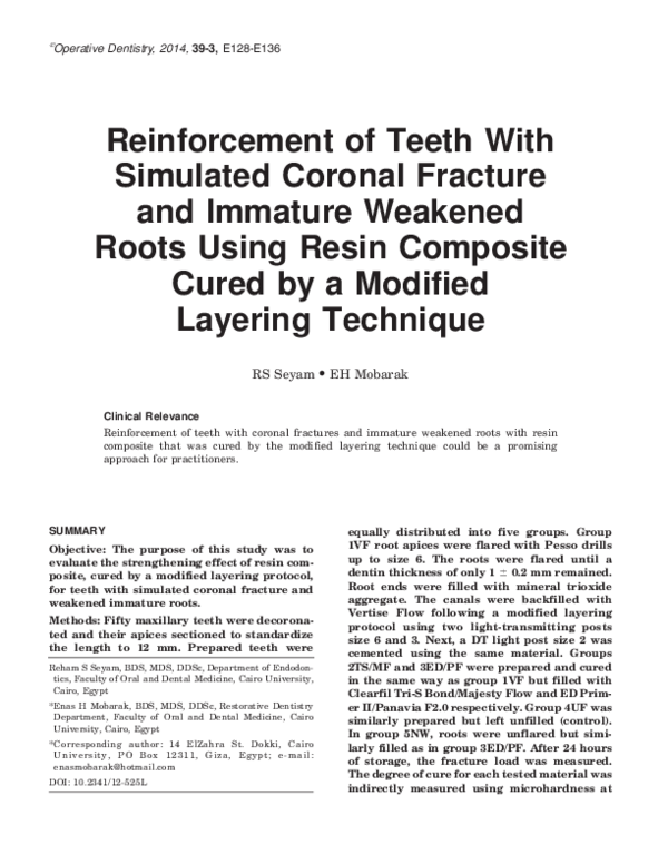 (PDF) Reinforcement of Teeth With Simulated Coronal Fracture and ...
