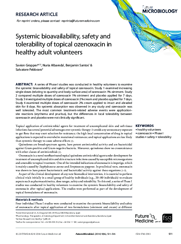 (PDF) Systemic bioavailability, safety and tolerability of topical ozenoxacin in healthy adult ...