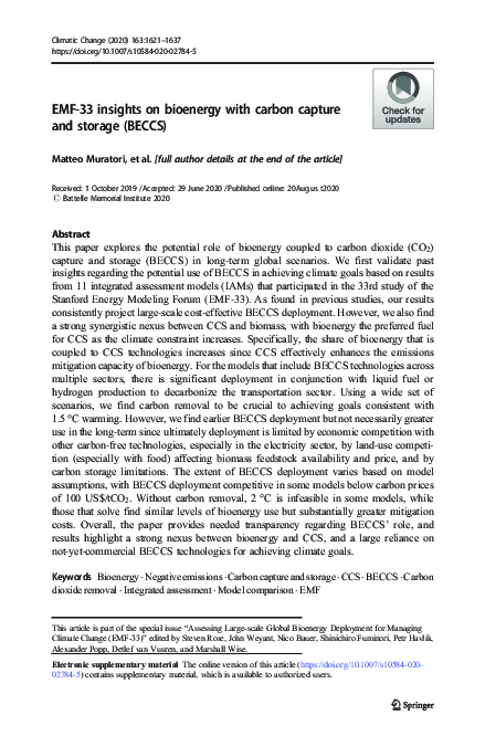 (PDF) EMF-33 insights on bioenergy with carbon capture and storage (BECCS)