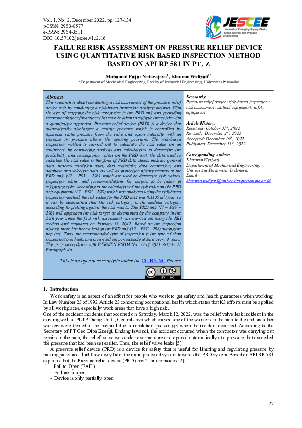 (PDF) Risk Assessment on Pressure Relief Device Using Risk Based ...